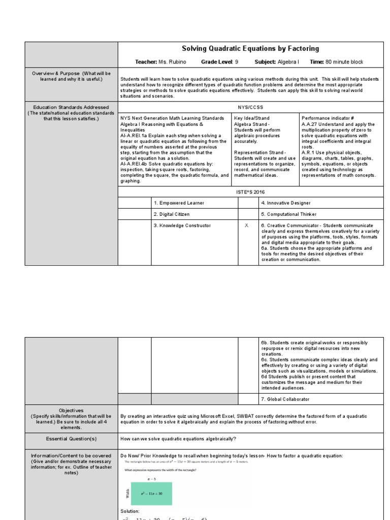 Educ 580 Week 13 Lesson Plan | PDF | Quadratic Equation | Factorization
