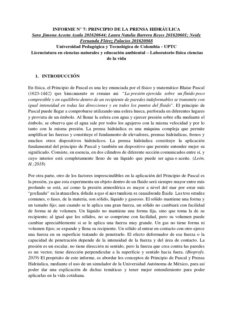 Informe Principio de Pascal | PDF | Mecánica de Medios Continuos | Metrología