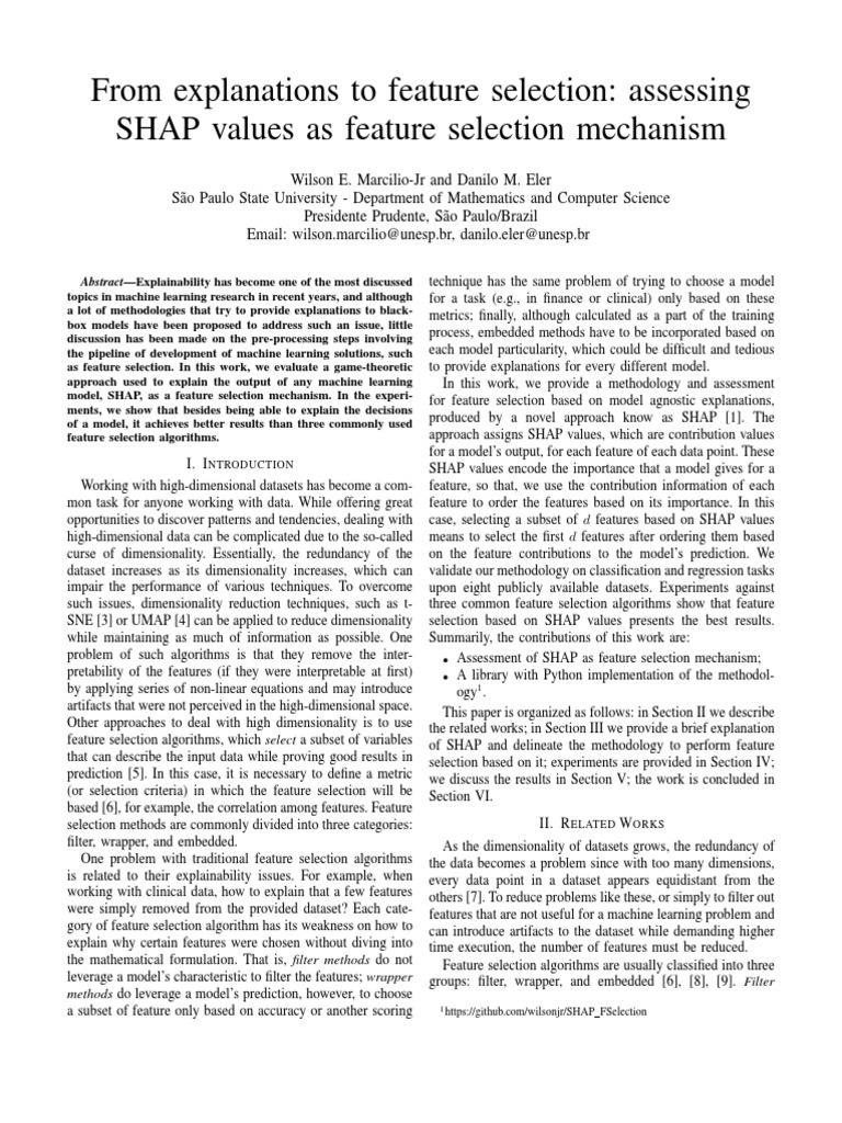 From Explanations To Feature Selection: Assessing SHAP Values As Feature Selection Mechanism ...