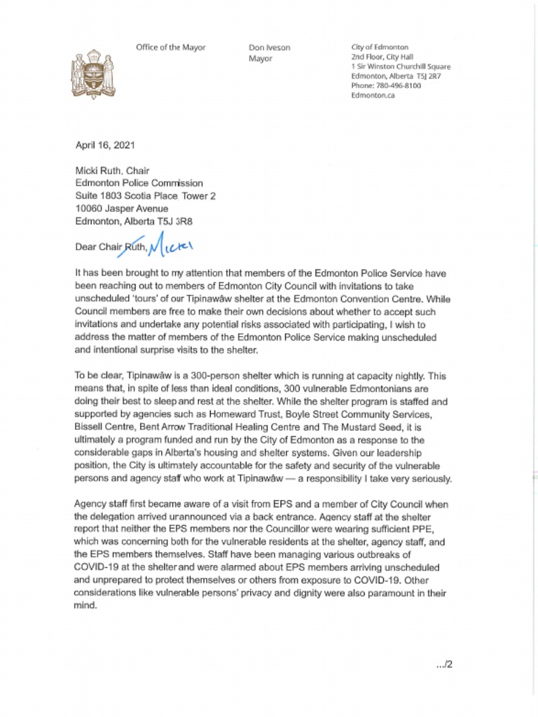 Mayor Don Iveson Letter To Edmonton Police Association | PDF
