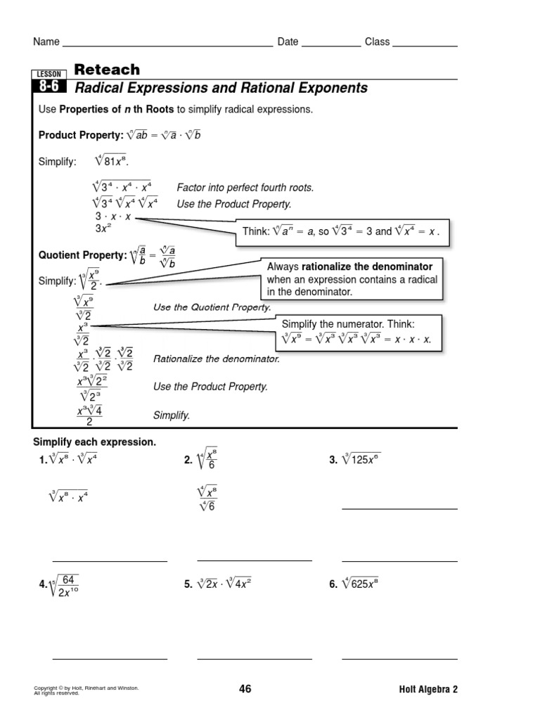 Reteach: Radical Expressions and Rational Exponents | PDF | Elementary ...