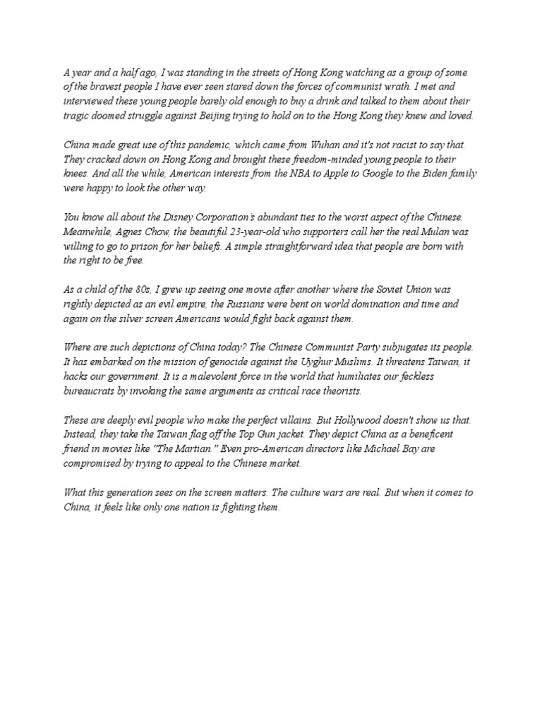 Ben Domenech Fox News Wednesday Monologue: China | PDF