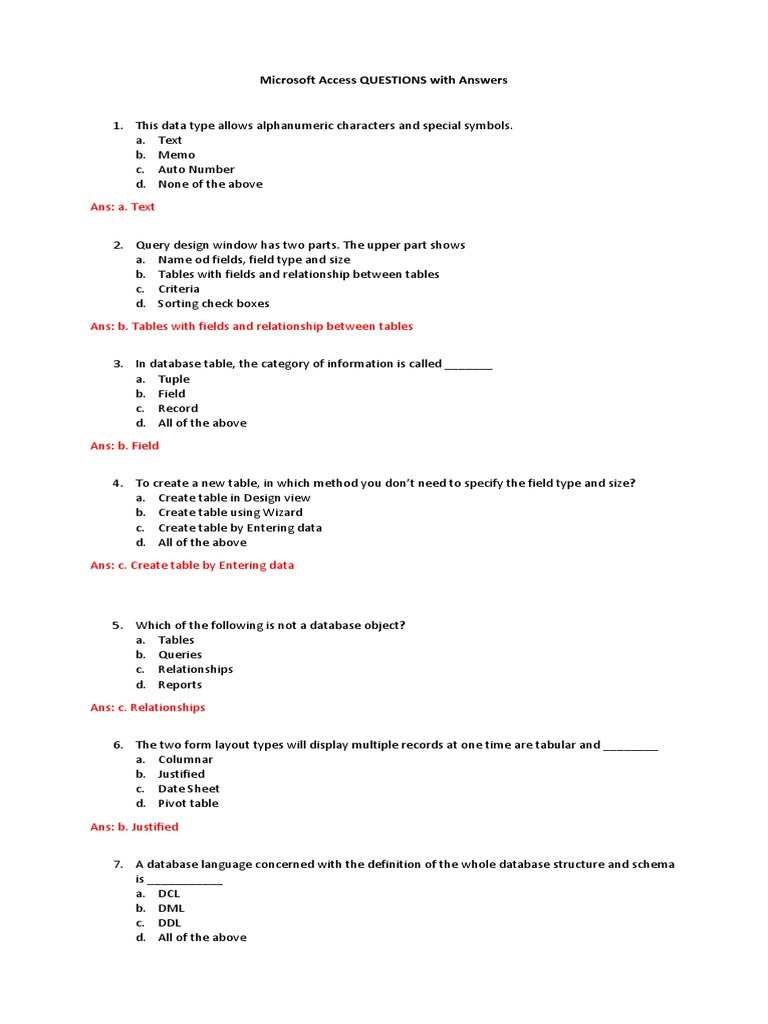 Microsoft Access QUESTIONS With Answers | PDF | Databases | Table (Database)