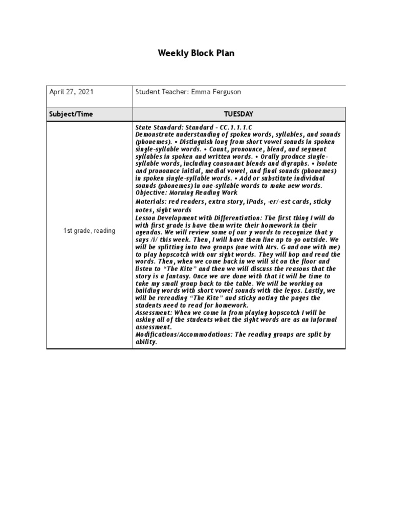 Weekly Block Plan 4 | PDF | Syllable | Phoneme
