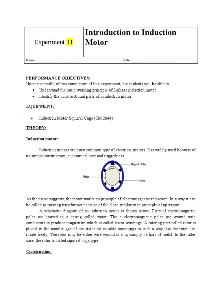 Introduction To Induction Motor: Experiment 11 | PDF | Electric Motor ...