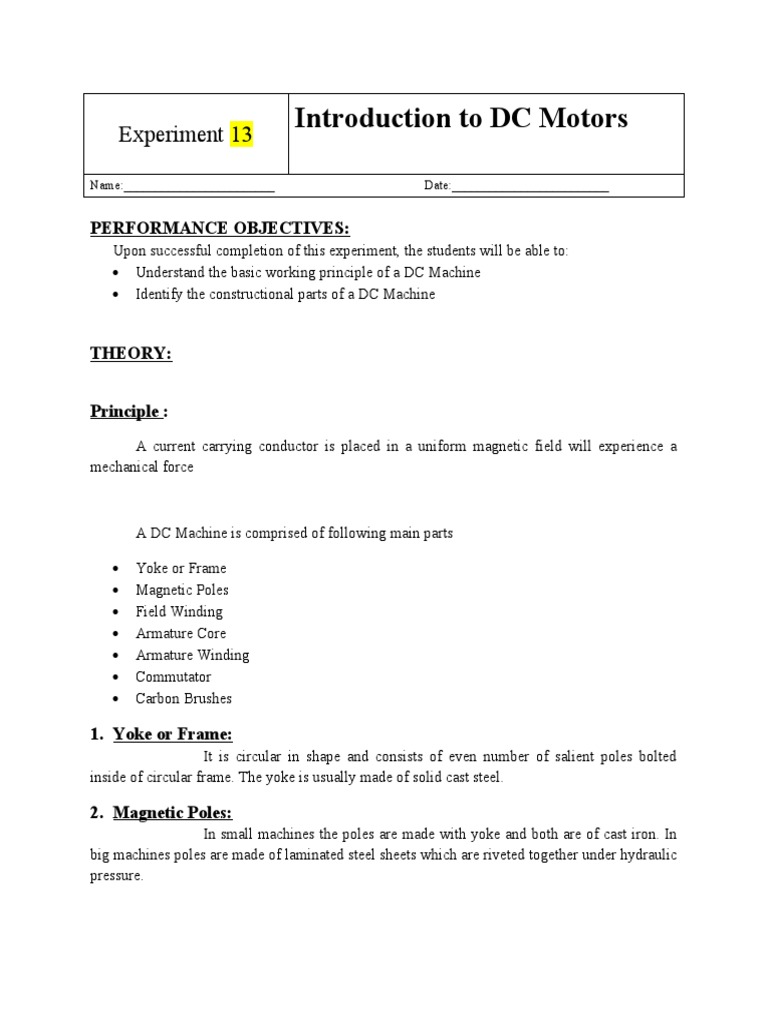 Introduction To DC Motors: Experiment 13 | PDF | Electric Motor ...