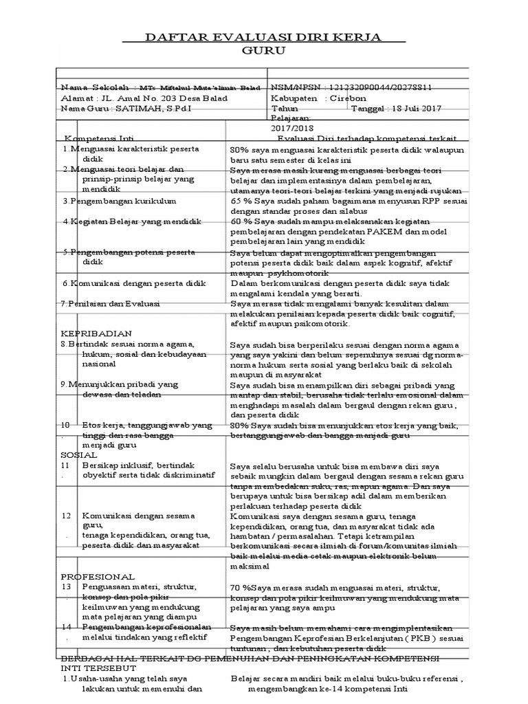 Daftar Evaluasi Diri Kerja Guru | PDF