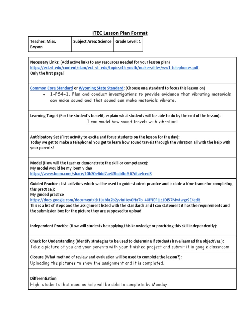 ITEC Lesson Plan Format: Common Core Standard Wyoming State Standard | PDF | Career & Growth