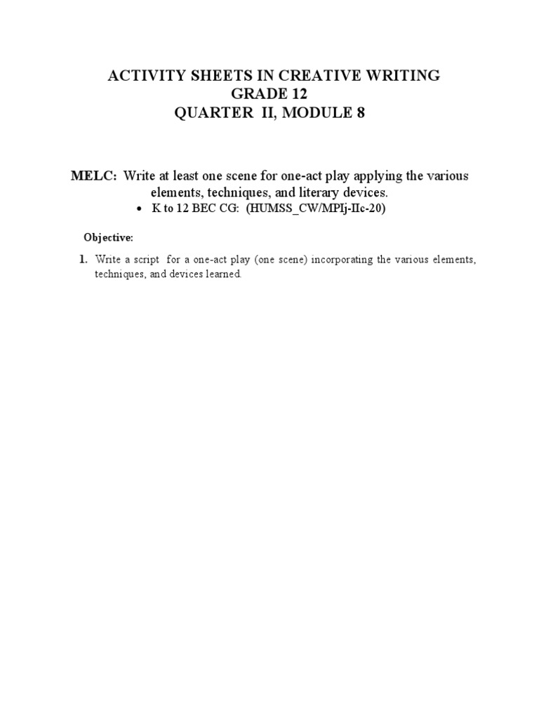 Creative Writing Module 8 | PDF | Plot (Narrative) | Play (Theatre)