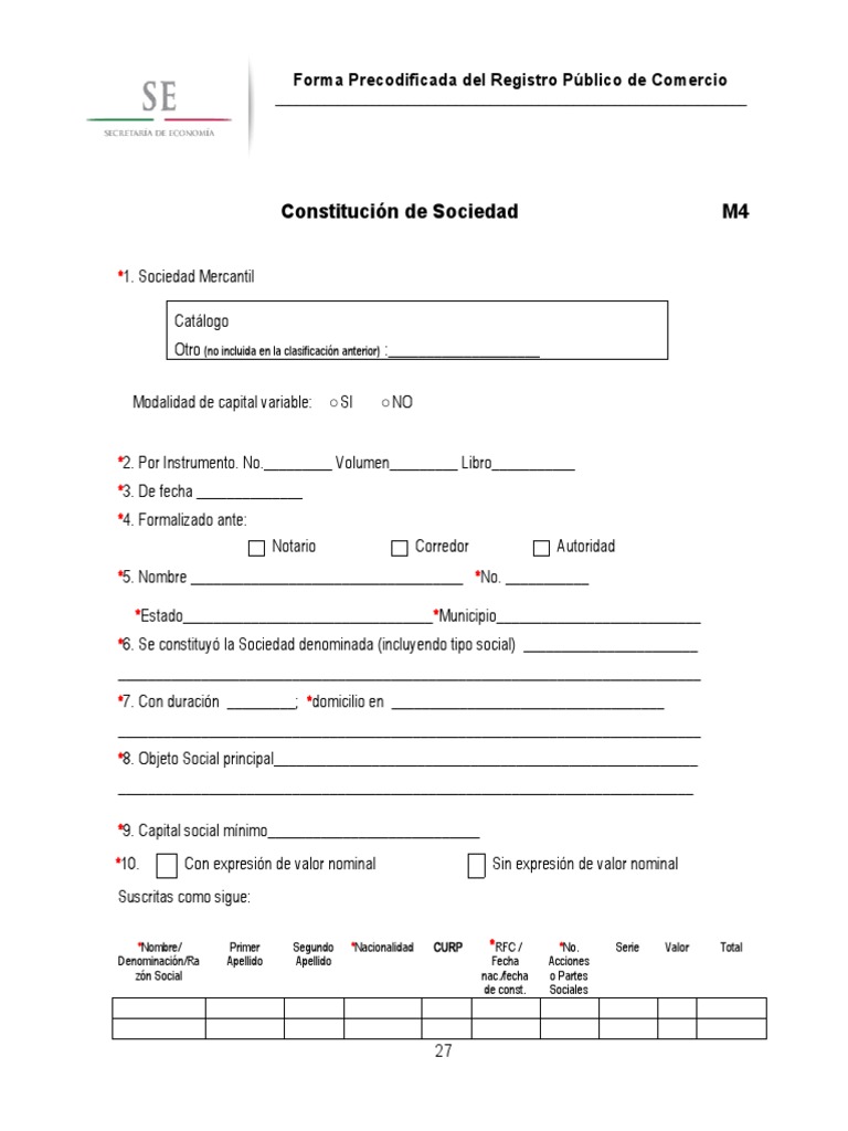 Constitución de Sociedad M4: Forma Precodificada Del Registro Público de Comercio | PDF | Business