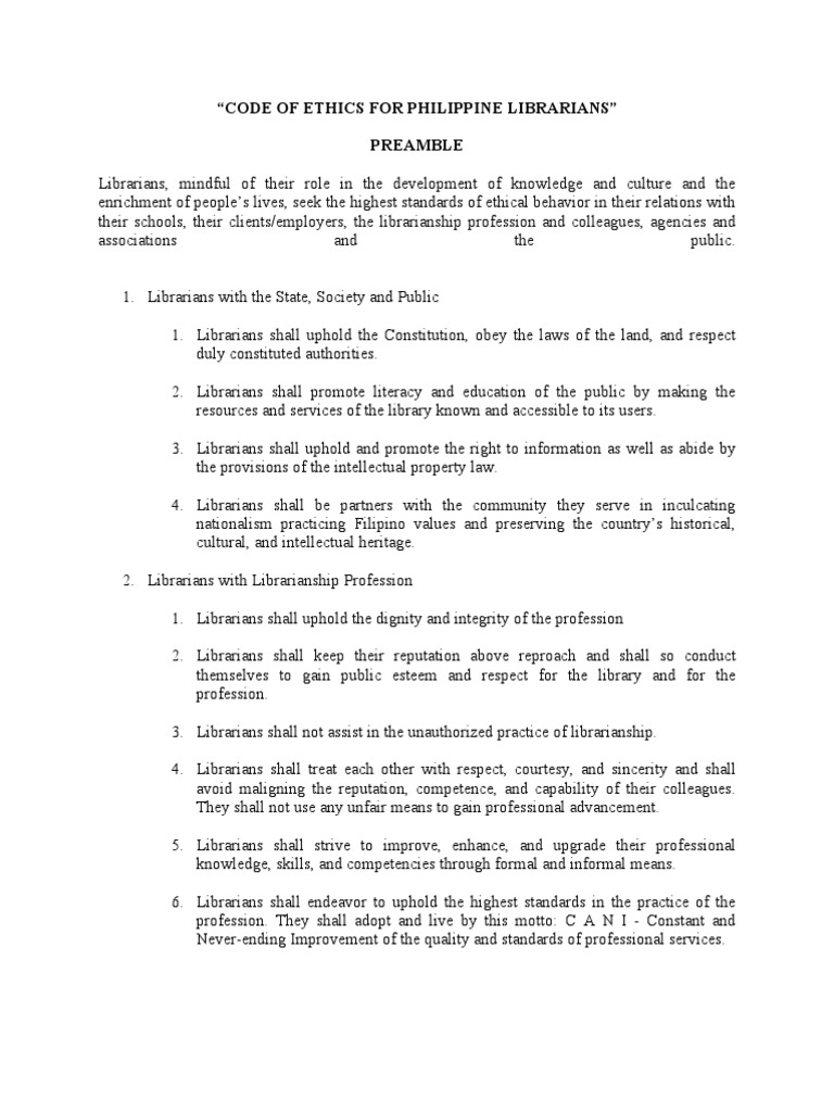 Philippine Librarians' Ethics Code | PDF | Librarian | Profession