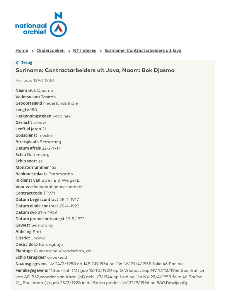 Suriname - Contractarbeiders Uit Java, Naam - Bok Djasmo - Nationaal ...