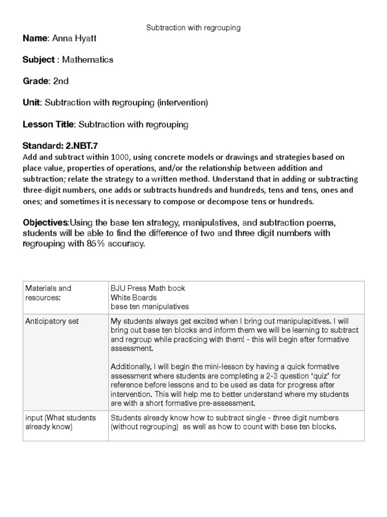 Subtraction With Regrouping Lesson Plan | PDF | Pedagogy | Learning