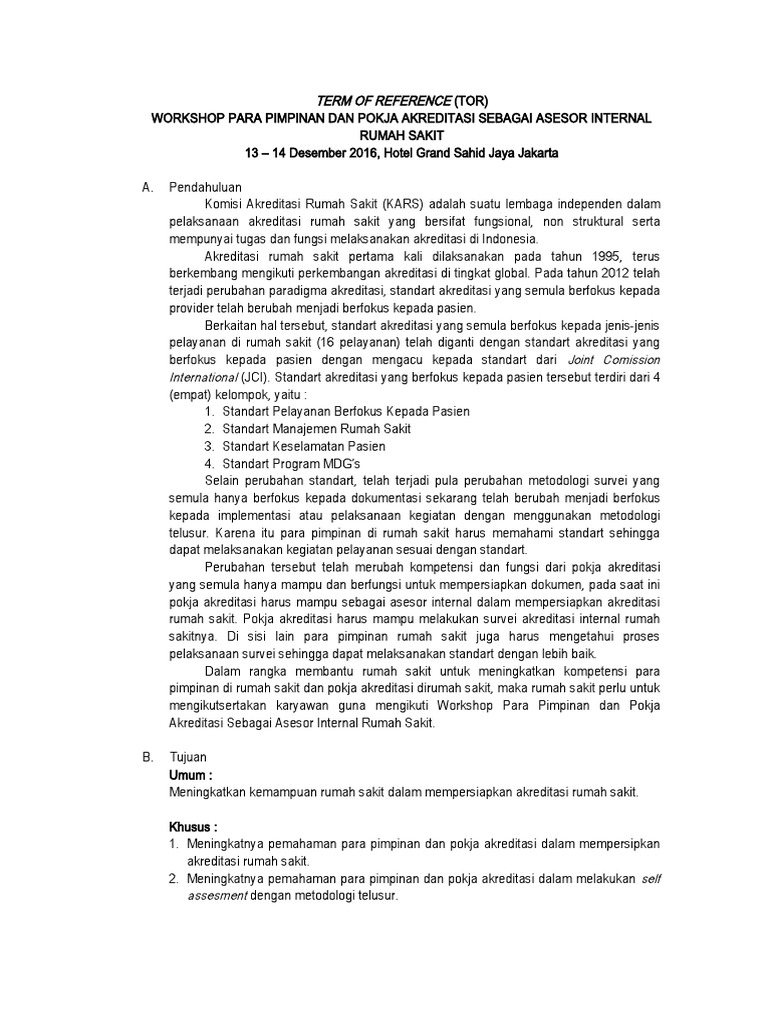 Term of Reference (Tor) Workshop Asesor Internal RS | PDF