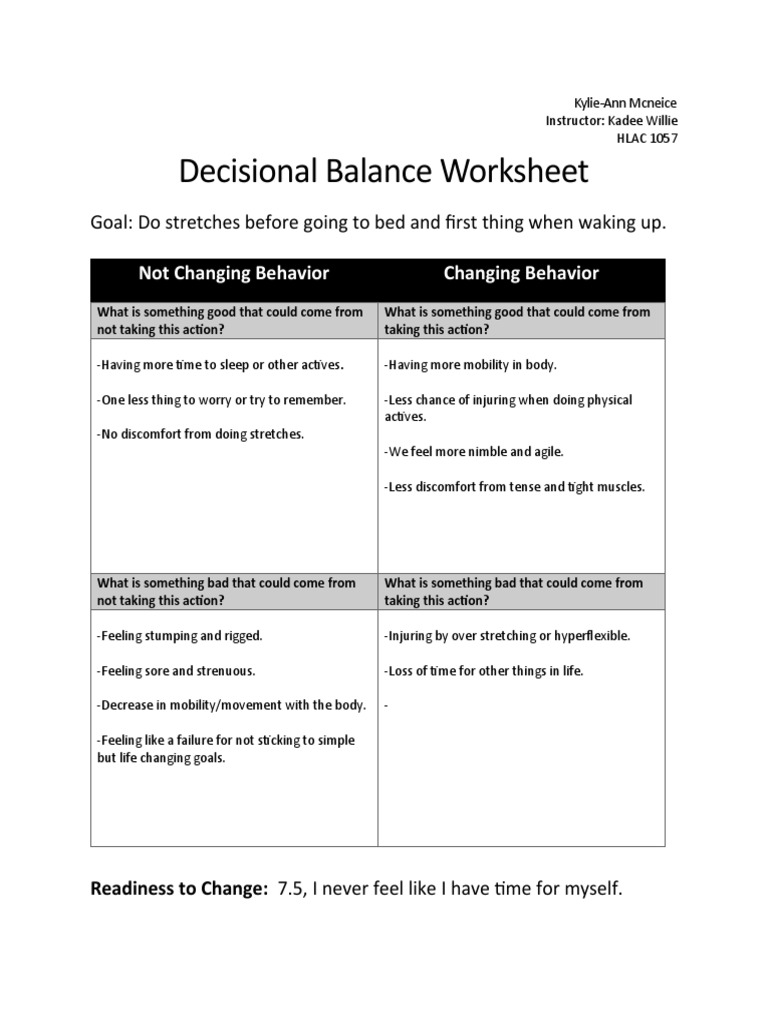 Decisional Balance Worksheet | PDF | Self-Improvement