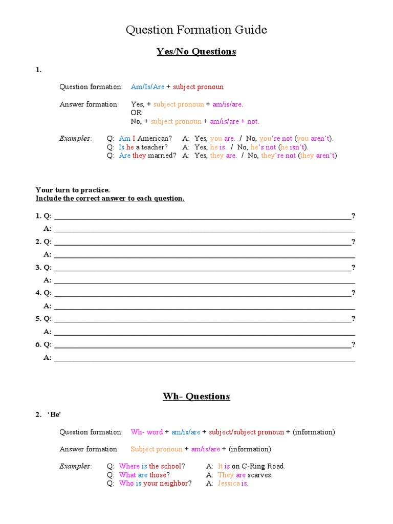 Yes/No and Wh- Question Formation Guide | PDF | Question | Verb