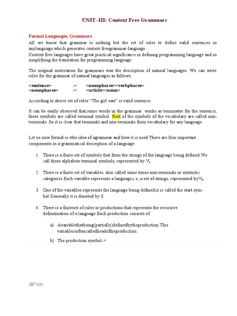 UNIT - III - Context Free Grammars | PDF | Syntax (Logic) | Human ...