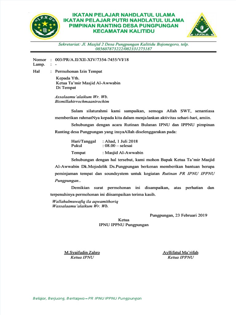 PDF Surat Permohonan Izin Tempat Ipnu DD | PDF
