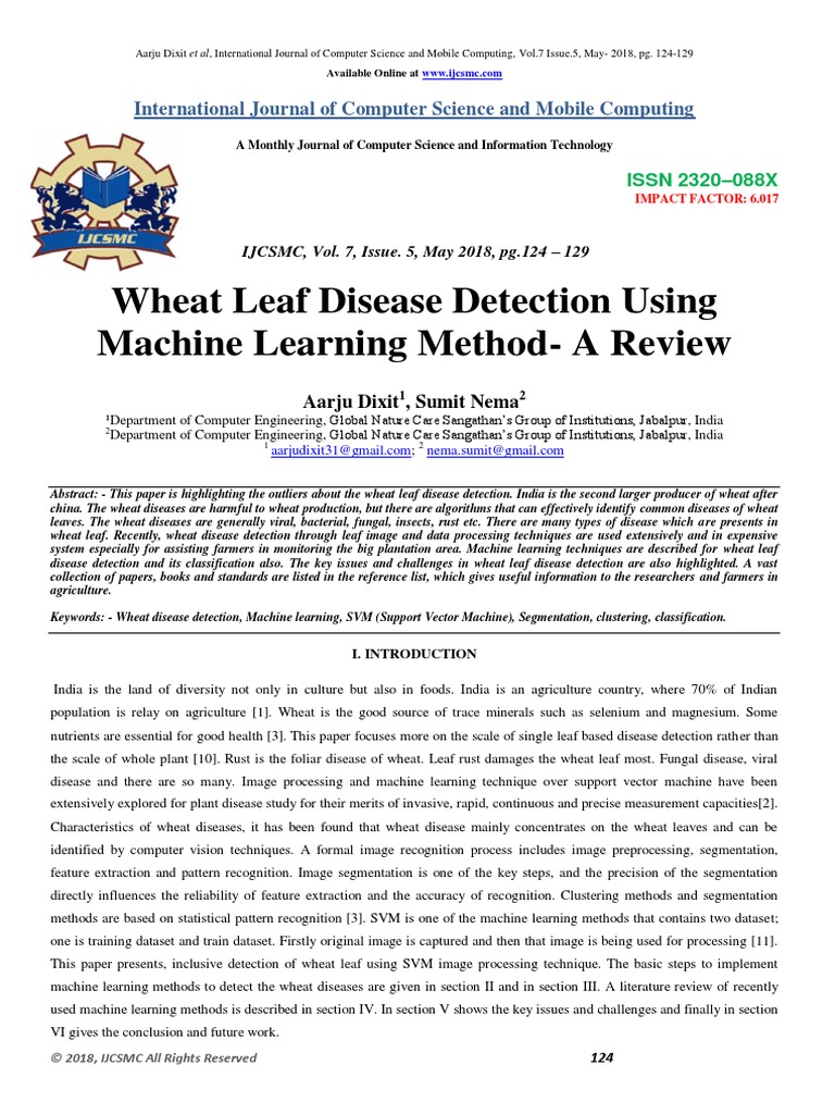 Wheat Leaf Disease Detection Using Machine Learning Method A Review Pdf Support Vector