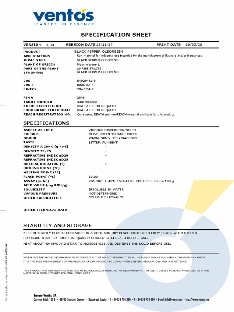 Black Pepper Oleoresin Specification Sheet | PDF | Black Pepper ...