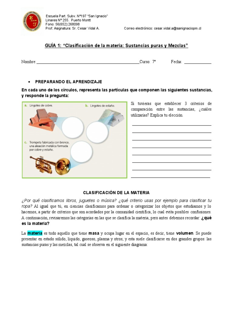 Guía de Trabajo 7° Año. Cs. Naturales. Unidad 1 | PDF | Sustancias ...