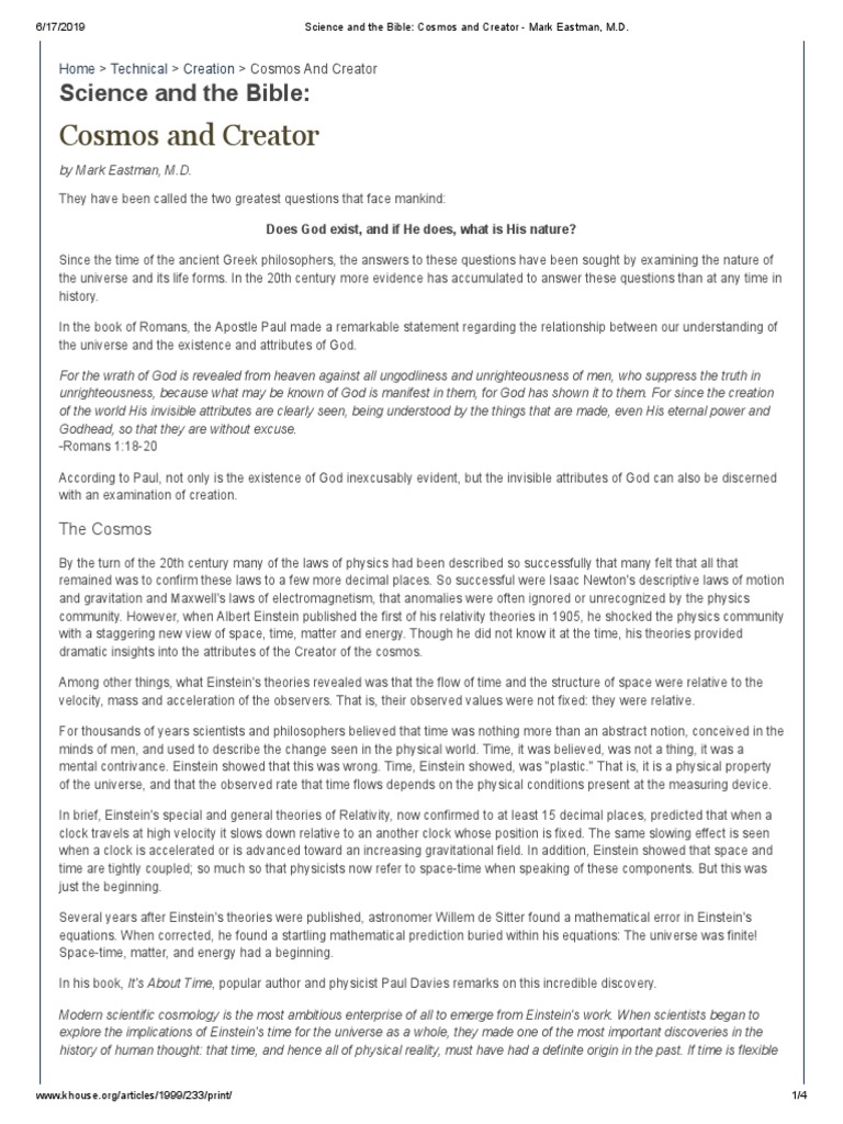 Science and The Bible - Cosmos and Creator - Mark Eastman, M.D | PDF ...
