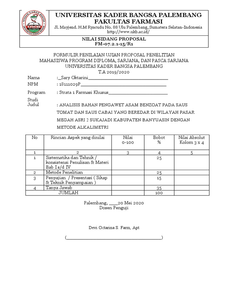 Form Nilai Sidang Proposal | PDF