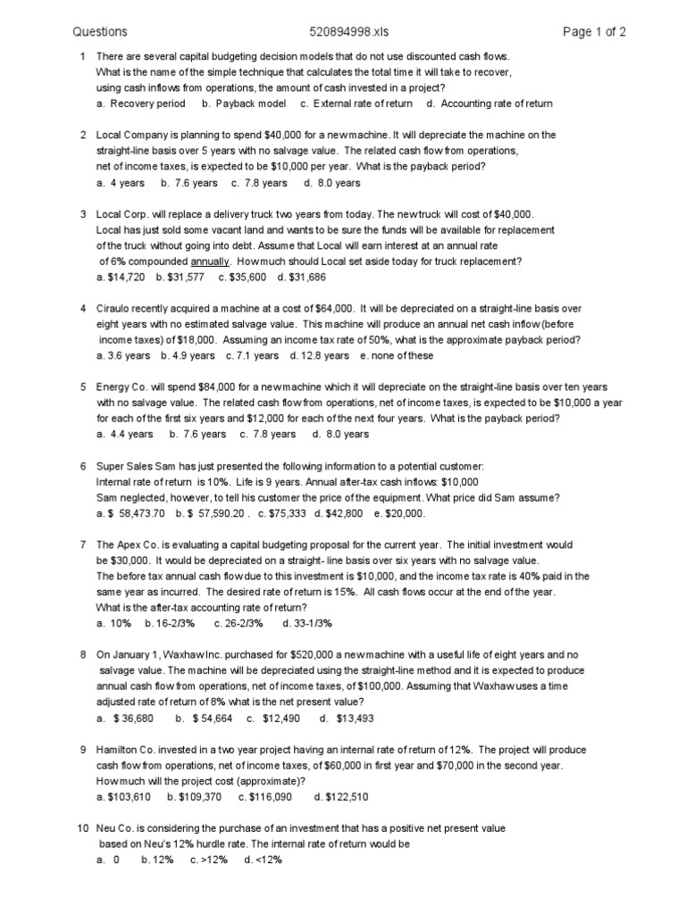 Questions 520894998.xls Page 1 of 2 | PDF | Depreciation | Net Present Value