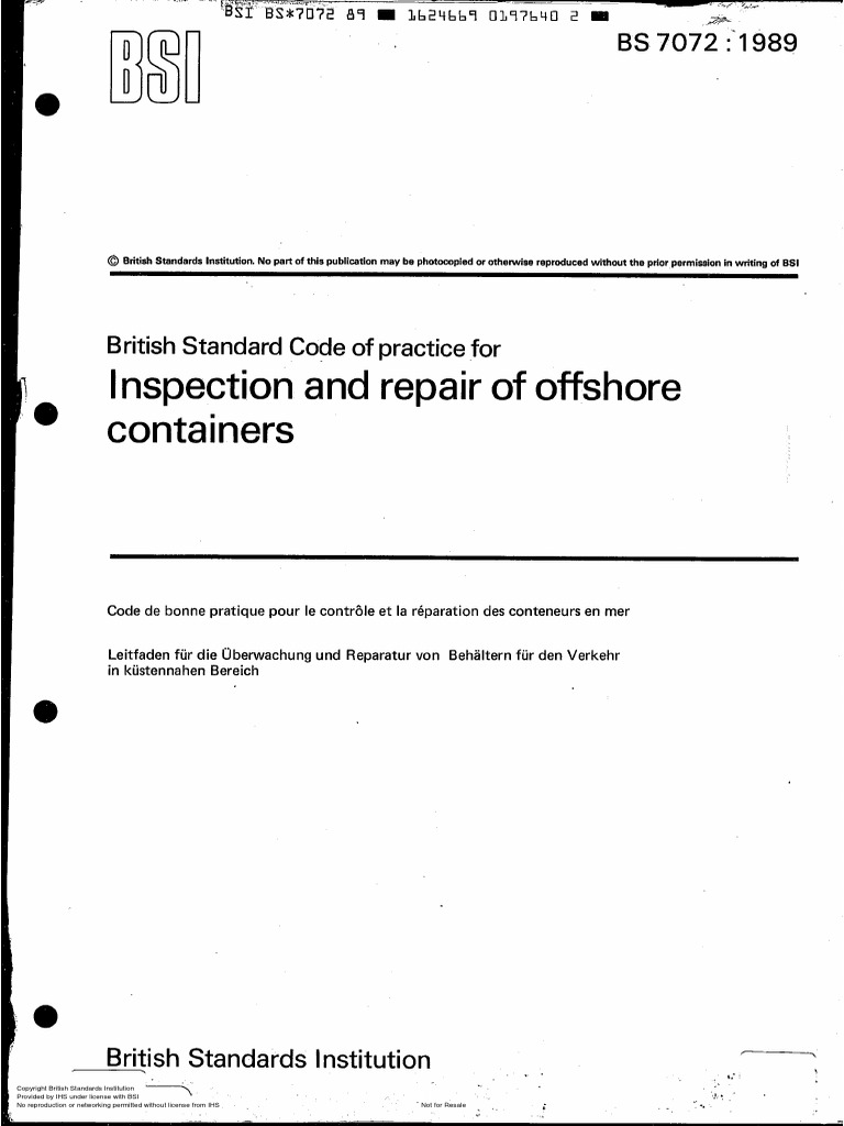 BS 7072.1989 Inspection and Repair of Offshore Container | PDF | Nature