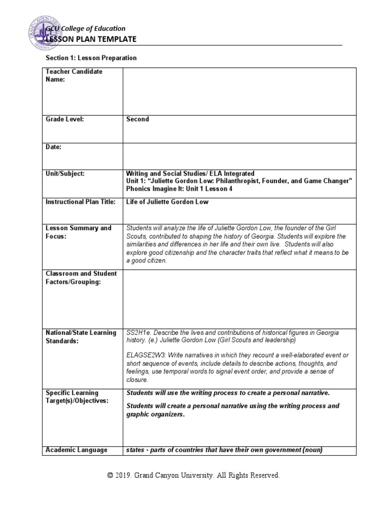 Lesson Plan Template: GCU College of Education | Download Free PDF ...
