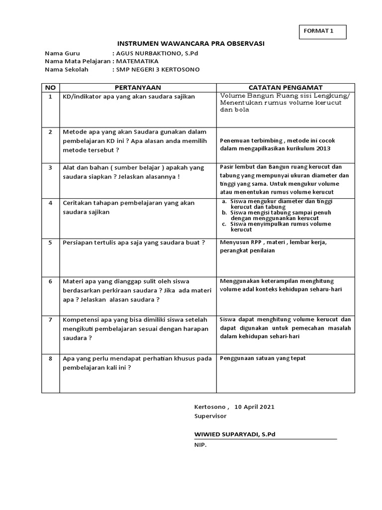 1.inst Pra Observasi | PDF