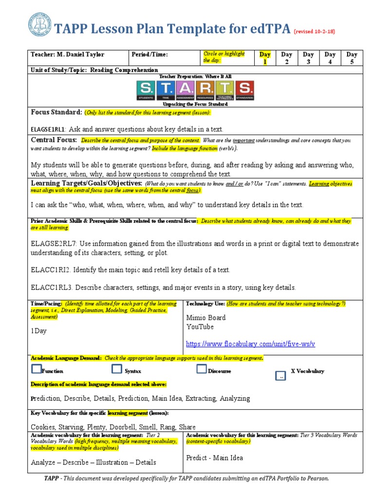 CCPS-edTPA Lesson Plan Day 1 Edit | PDF | Lesson Plan | Vocabulary