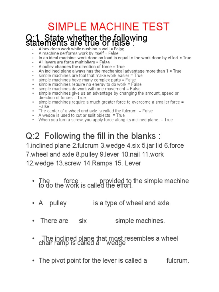 Simple Machine Test: Q:1 State Whether The Following Statements Are ...