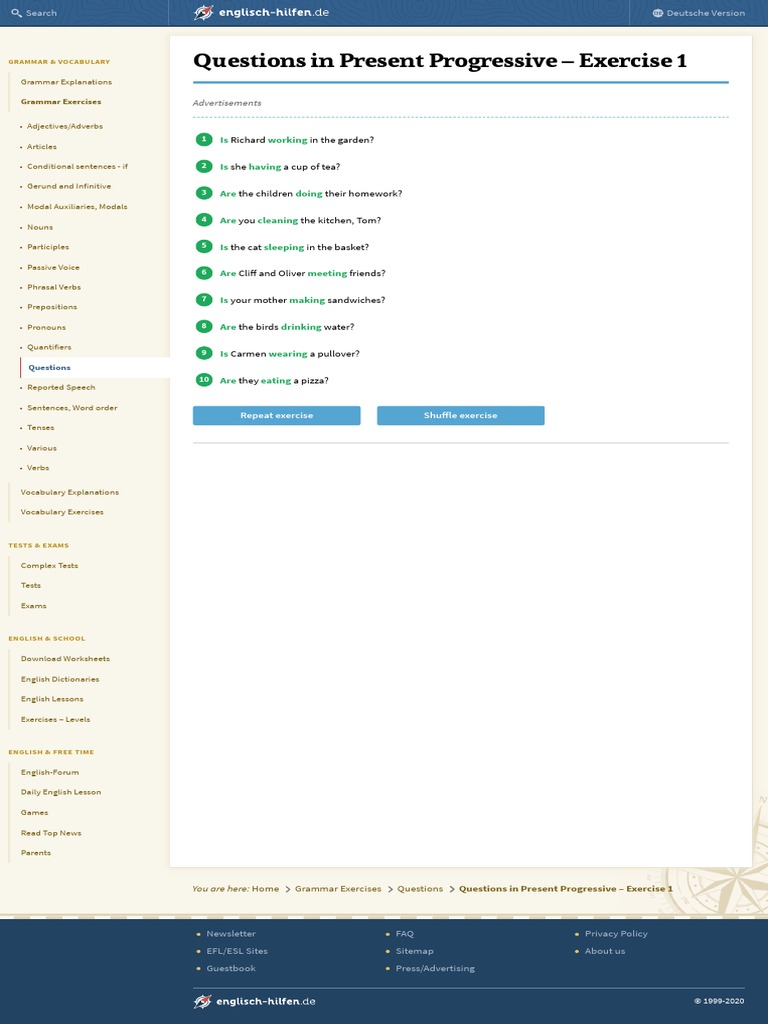Questions in Present Progressive - English (Answers) | PDF