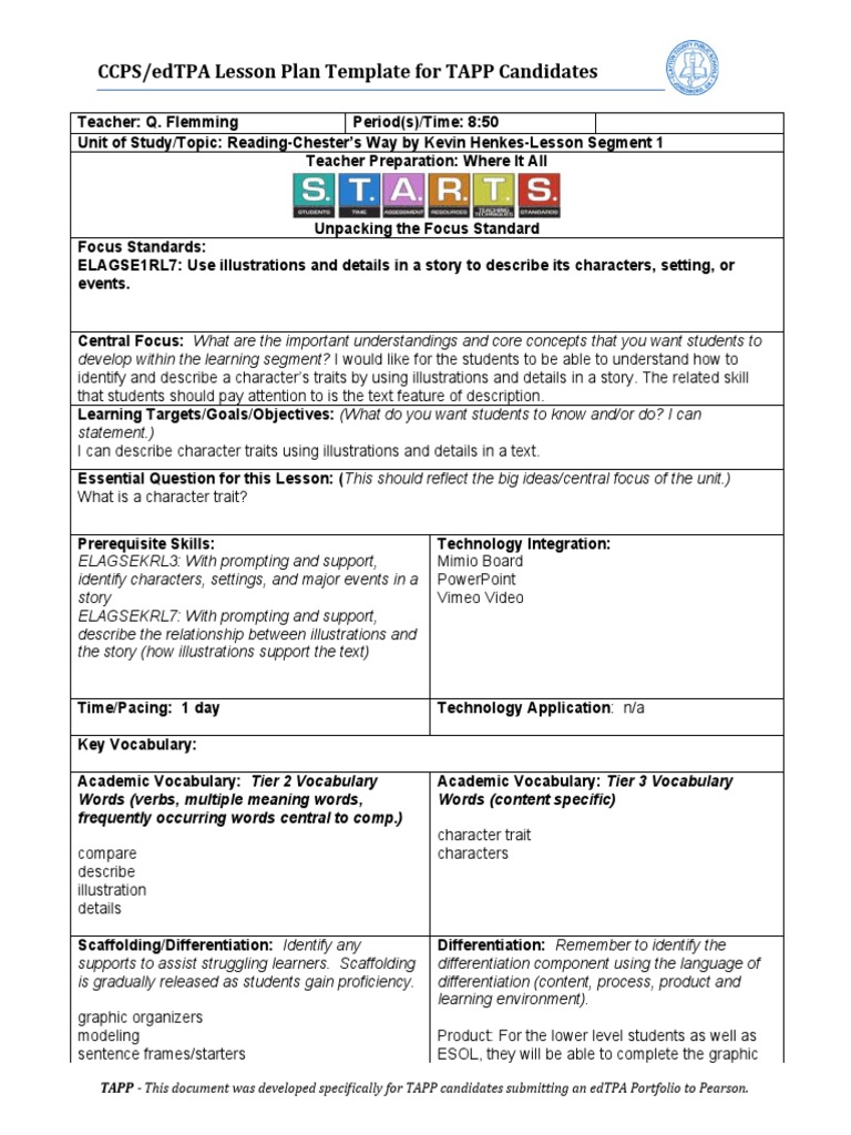 Ccps/Edtpa Lesson Plan Template For Tapp Candidates | PDF | Educational ...