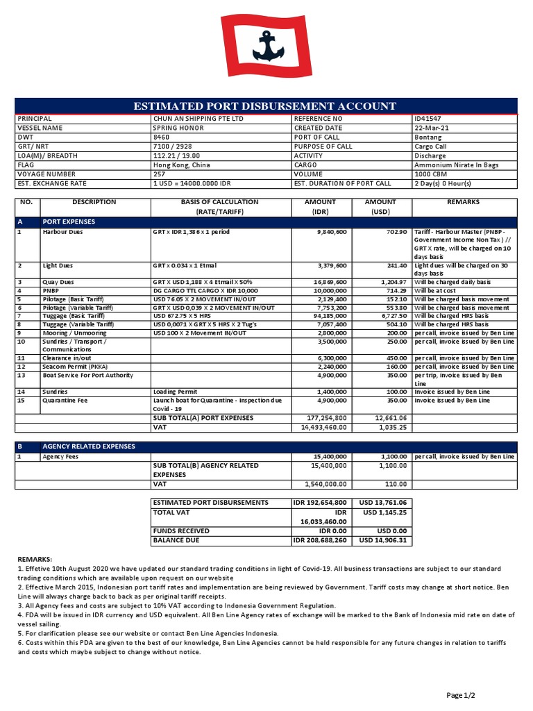 Estimated Port Disbursement Account | PDF | Invoice | Indonesian Rupiah