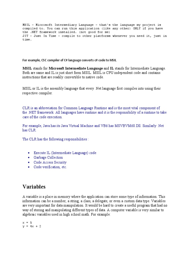 Variables: MSIL Stands For Microsoft Intermediate Language and IL ...