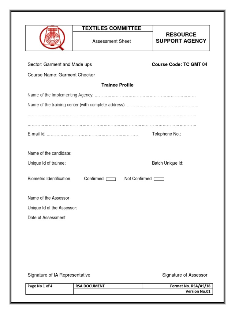 Textiles Committee Resource Support Agency: Assessment Sheet | PDF ...