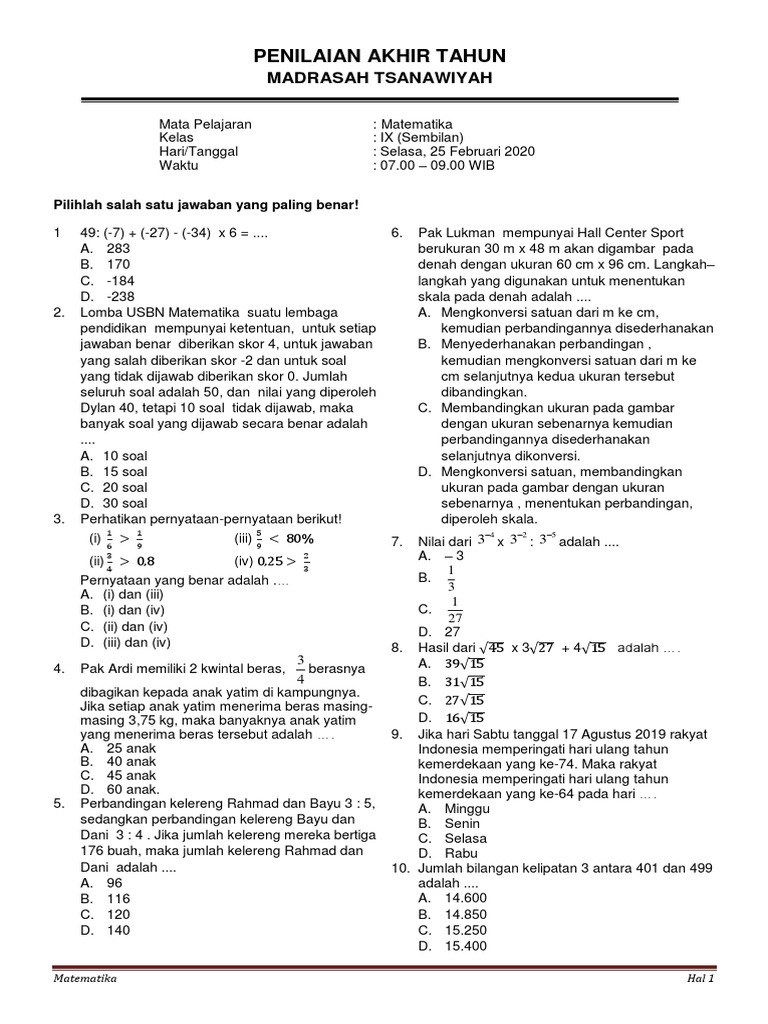 Soal Pat Matematika Kelas 9 | PDF