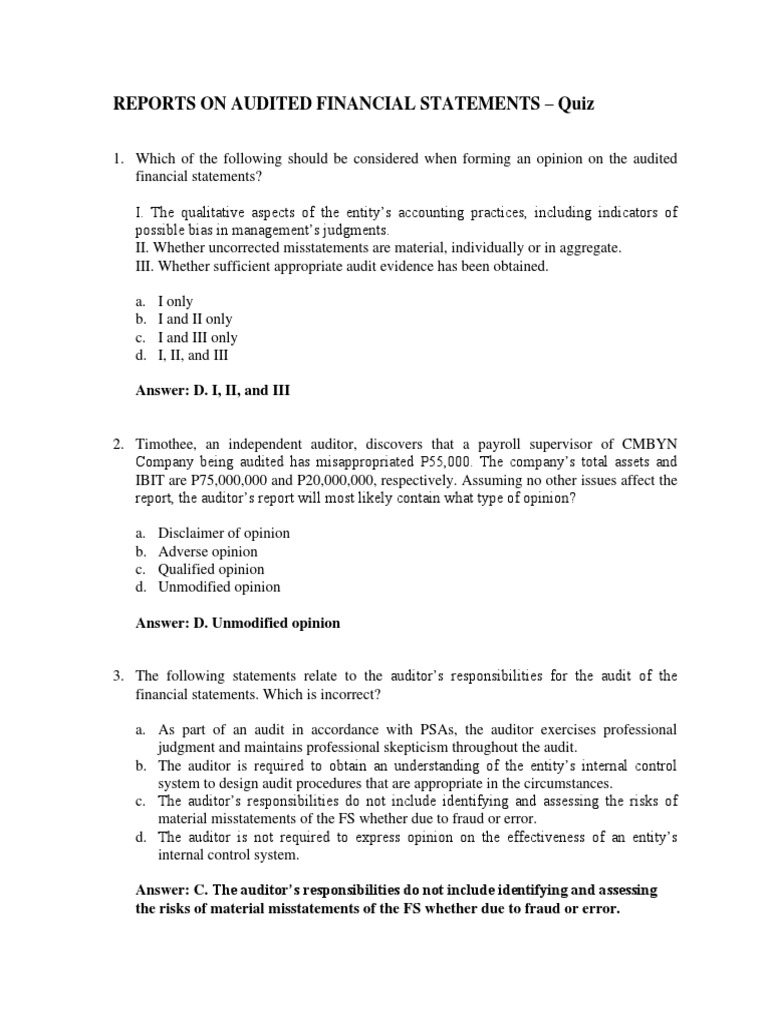 Reports On Audited FS Quiz | PDF | Auditor's Report | Financial Audit