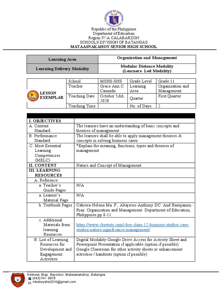 Learning Area Organization and Management Learning Delivery Modality ...