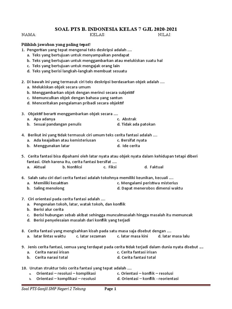 Soal PTS B. Indonesia Kelas 7 GJL 2020-2021 | PDF
