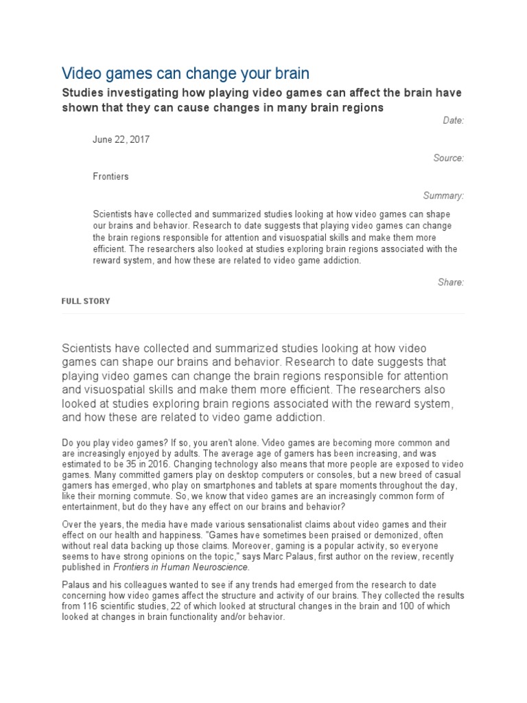 Video Games Can Change Your Brain | PDF | Video Games | Brain