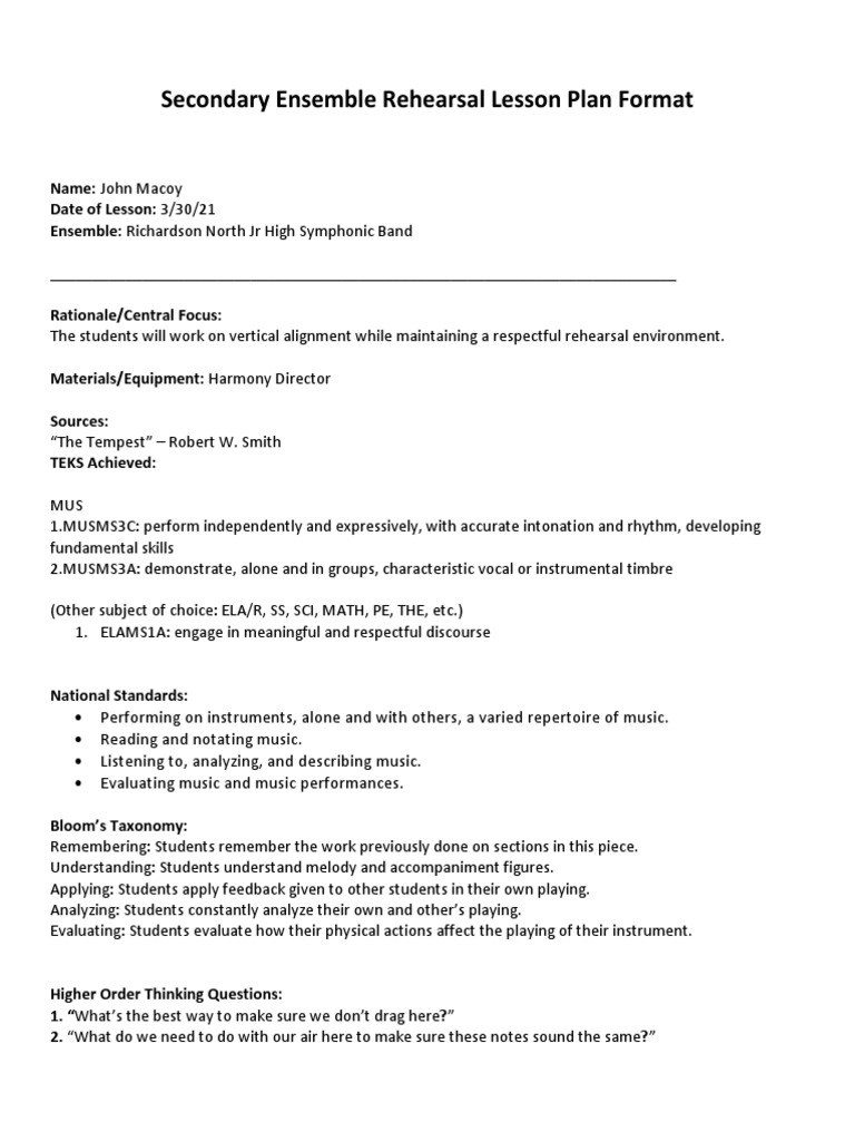 Secondary Ensemble Rehearsal Lesson Plan Format | PDF | Educational ...
