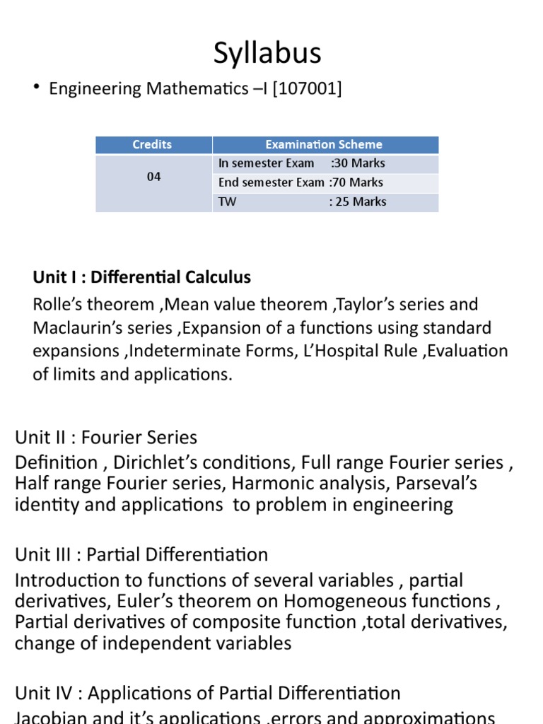 Syllabus: - Engineering Mathematics - I (107001) | PDF | Fourier Series ...