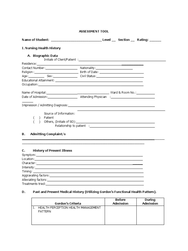 Gordon's Nursing Assessment Tool | PDF | Patient | Clinical Medicine