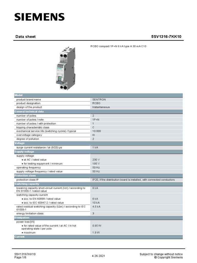 Data Sheet 5SV1316-7KK10: Model | PDF | Alternating Current ...