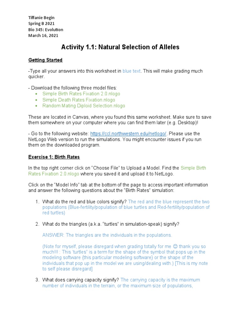 Bio 345 Evolution Activity 1-1 - Natural - Selection ASU | PDF | Allele ...
