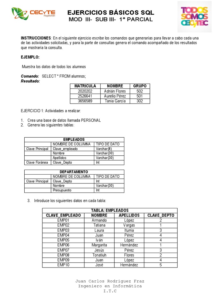 Ejercicios Basicos SQL 1 Parcial MOD 3, SUB 3 | PDF | SQL | Ciencias de ...