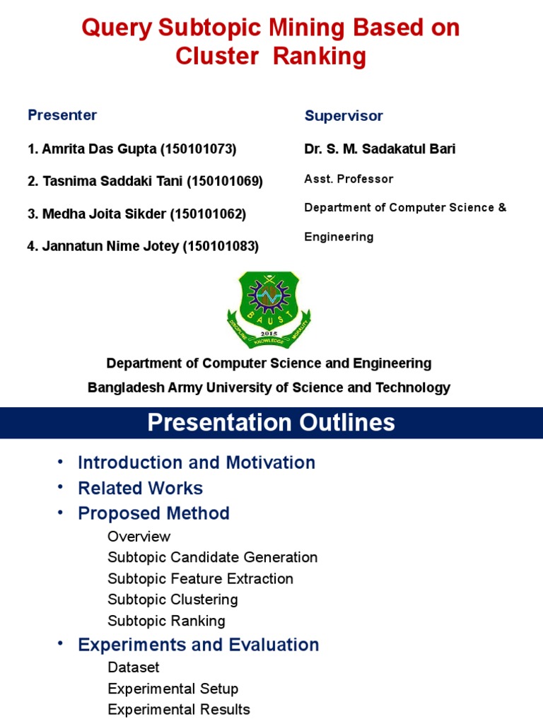 Query Subtopic Mining Based On Cluster Ranking: Supervisor Presenter | PDF | Web Search Engine ...